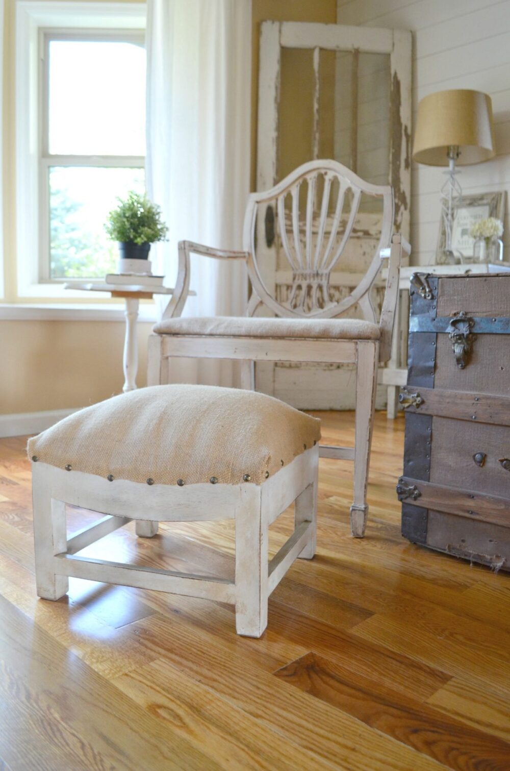 Easy Farmhouse Style Foot Stool Makeover - Sarah Joy